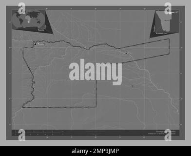 Kavango East, region of Namibia. Bilevel elevation map with lakes and ...