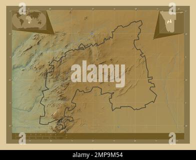 Khomas, region of Namibia. Colored elevation map with lakes and rivers ...