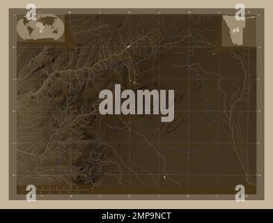 Khomas, region of Namibia. Colored elevation map with lakes and rivers ...
