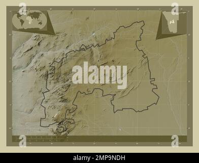 Khomas, region of Namibia. Colored elevation map with lakes and rivers ...