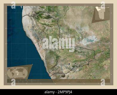 Kunene, region of Namibia. High resolution satellite map. Locations and ...