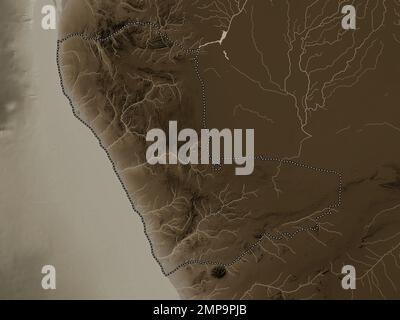 Kunene, region of Namibia. Colored elevation map with lakes and rivers ...
