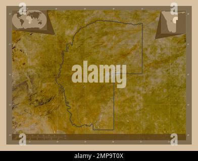 Omaheke, region of Namibia. Low resolution satellite map. Locations and ...