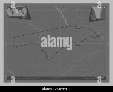 Zambezi, region of Namibia. Grayscale elevation map with lakes and ...