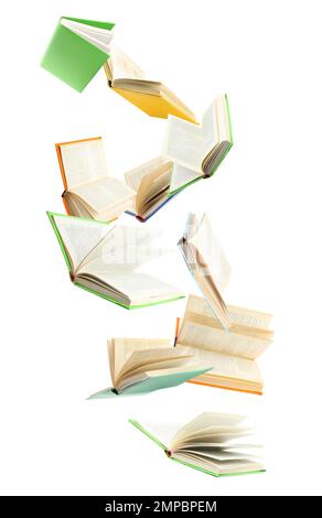 Colorful hardcover books flying on white background Stock Photo - Alamy