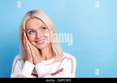 Photo of shiny thoughtful lady wear white t-shirt finger chin looking ...