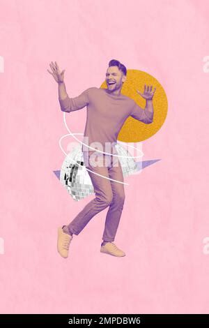 Creative collage image of cheerful carefree girl enjoy listen new ...