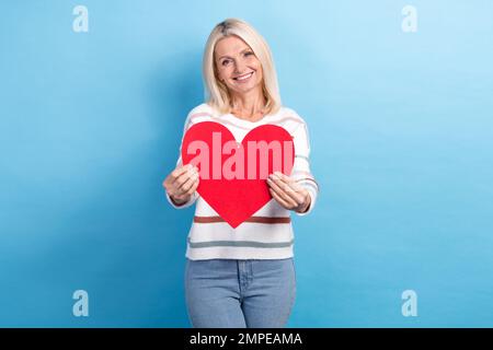 Photo of charming lady hold demonstrate empty space netbook display ...