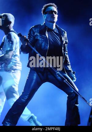 Veteran rock star Bono (aka Paul Hewson) wears tight black leather ...