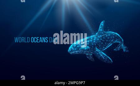 World orca day. Wireframe glowing low poly Orca whale. Design on dark ...