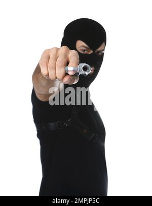 Professional killer with gun on white background Stock Photo - Alamy