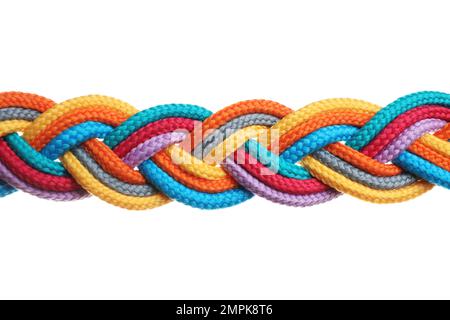 Braided colorful ropes isolated on white, top view. Unity concept Stock ...