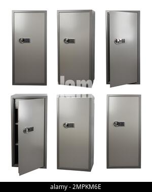 Set of steel safes with electronic lock on white background. Banner ...