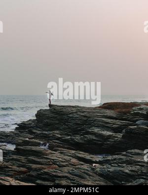 beautiful landscape, girl standing at the edge of rock in the Etretat ...