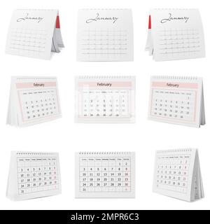 Set of different paper calendars on white background Stock Photo - Alamy