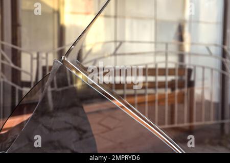 Broken window with sharp smithereens outdoors. Requiring repair Stock ...