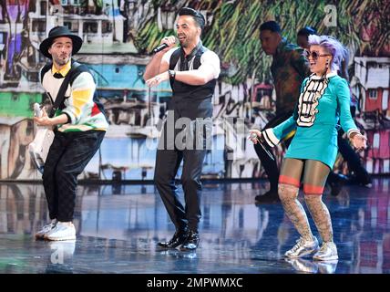 Li Saumet, left, and Simon Mejia, of Bomba Estereo, arrive at the 18th ...