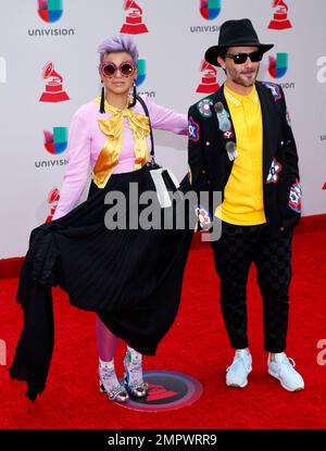 Li Saumet, left, and Simon Mejia, of Bomba Estereo, arrive at the 18th ...