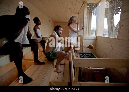 Models use the Finnish rooftop sauna at the Queen Elizabeth Hall roof ...