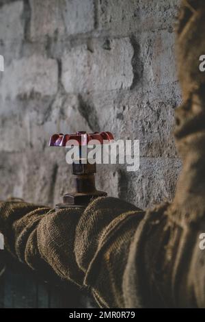 Vintage red steam pipe valve at the Black Country Living History museum ...