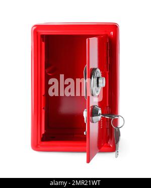 Open red steel with keys safe isolated on white Stock Photo - Alamy