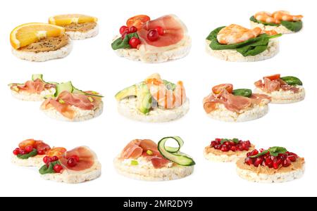 Set of puffed rice cakes with different ingredients on white background ...