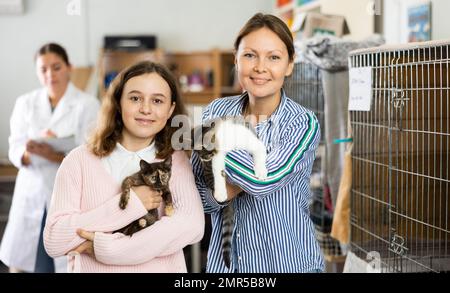 Tween girl with mother holding adopted kittens in animal shelter Stock ...