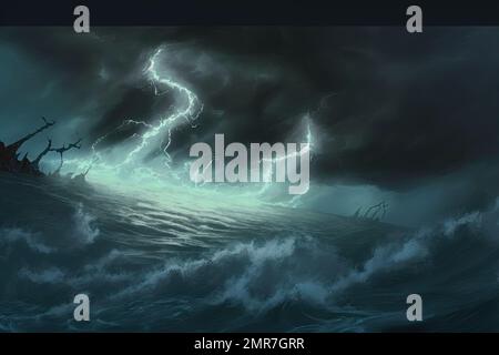Hurricane and lightnings on the sea. Concept of apocalypse and natural ...