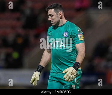 Ben Hinchliffe #1 of Stockport County pre-match warm up ahead of the ...