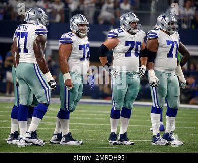 Dallas Cowboys offensive linemen Travis Frederick (72), Zack Martin (70 ...