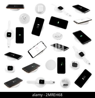 Collage with wireless chargers and gadgets on white background. Banner ...