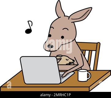 Kangaroo raising a child looking at a computer. Black and white line ...