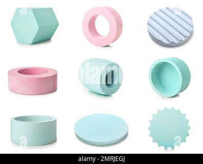 Group of empty podiums on white background Stock Photo - Alamy