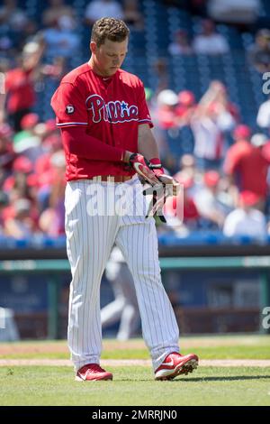Philadelphia Phillies' Rhys Hoskins reacts after hitting a home run ...