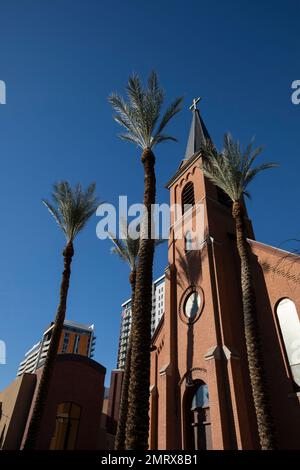 Afternoon historic church framed view of downtown Tempe, Arizona, USA ...