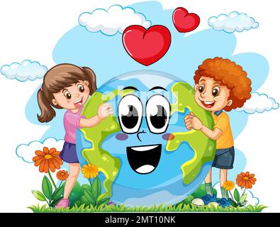Two children hugging our planet Earth vector cartoon clip art Stock ...