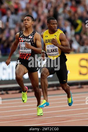 (From left to right) Jamaica's Yohan Blake, Asafa Powell, Nickel Ashmeade and Usain Bolt with ...