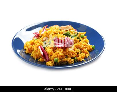 Delicious pilaf with vegetables isolated on white Stock Photo - Alamy