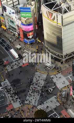 The iconic Shibuya crossing seen from the top of the Scramble Square building in Shibuya, Tokyo ...