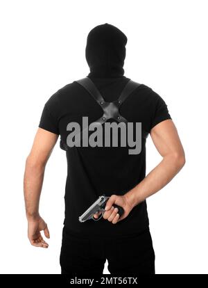 Professional killer with gun on white background, closeup Stock Photo ...