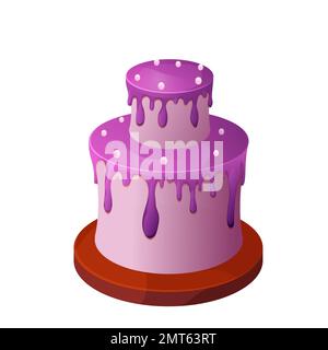 Birthday cake with chocolate cream, drip, candles, anniversary desert in cartoon style isolated ...