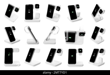 Collage with wireless chargers and gadgets on white background. Banner ...