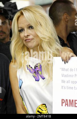 Pamela Anderson wears a colorful spring-like dress on a very dreary day ...