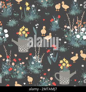 Cute gosling in a garden, seamless pattern. Baby geese and doodle ...