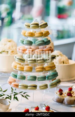 Pyramid of macaroons on the table, luxury wedding candy bar Stock Photo ...
