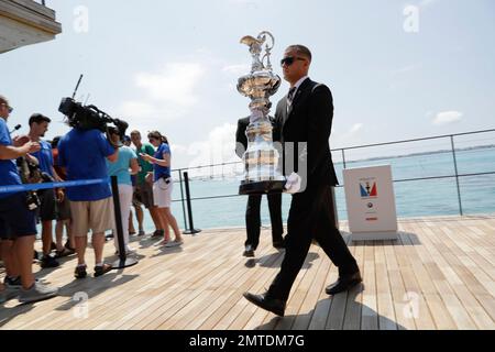 The America's Cup trophy, known as the "Auld Mug," is seen before a ...