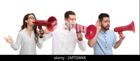 Collage of people with megaphones on white background Stock Photo - Alamy