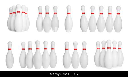 Set of bowling pins with red stripes on white background. Banner design ...
