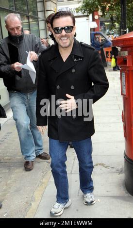 Comedian Ricky Gervais looks slim and trim as he arrives at BBC Radio 2 ...