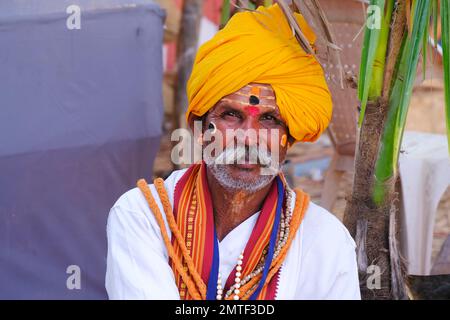 28 January 2023, Pune, India, Varkari man portrait with traditional ...